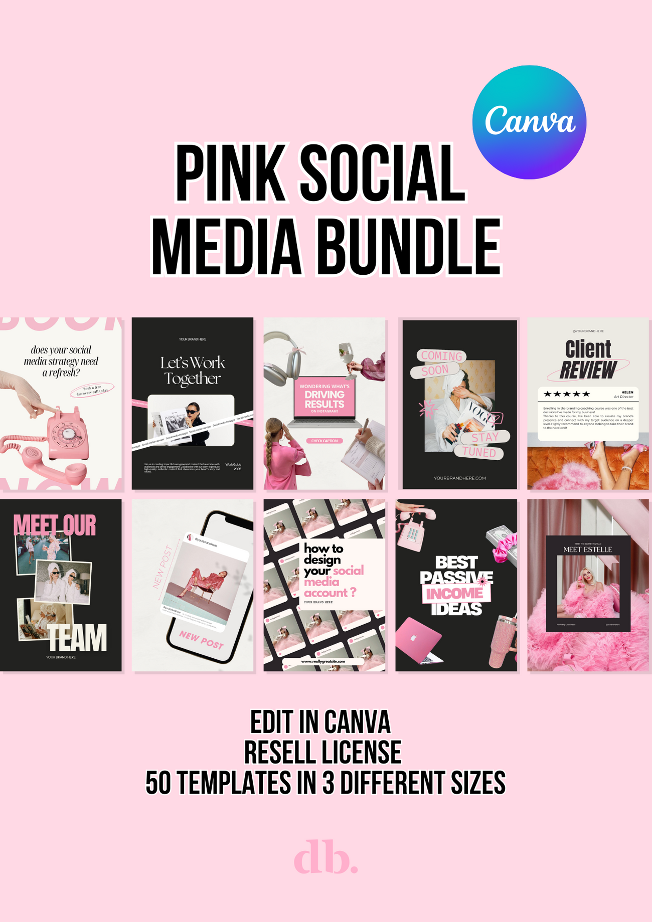 50 Pink Social Media Canva Template Bundle | Editable Templates in 3 S