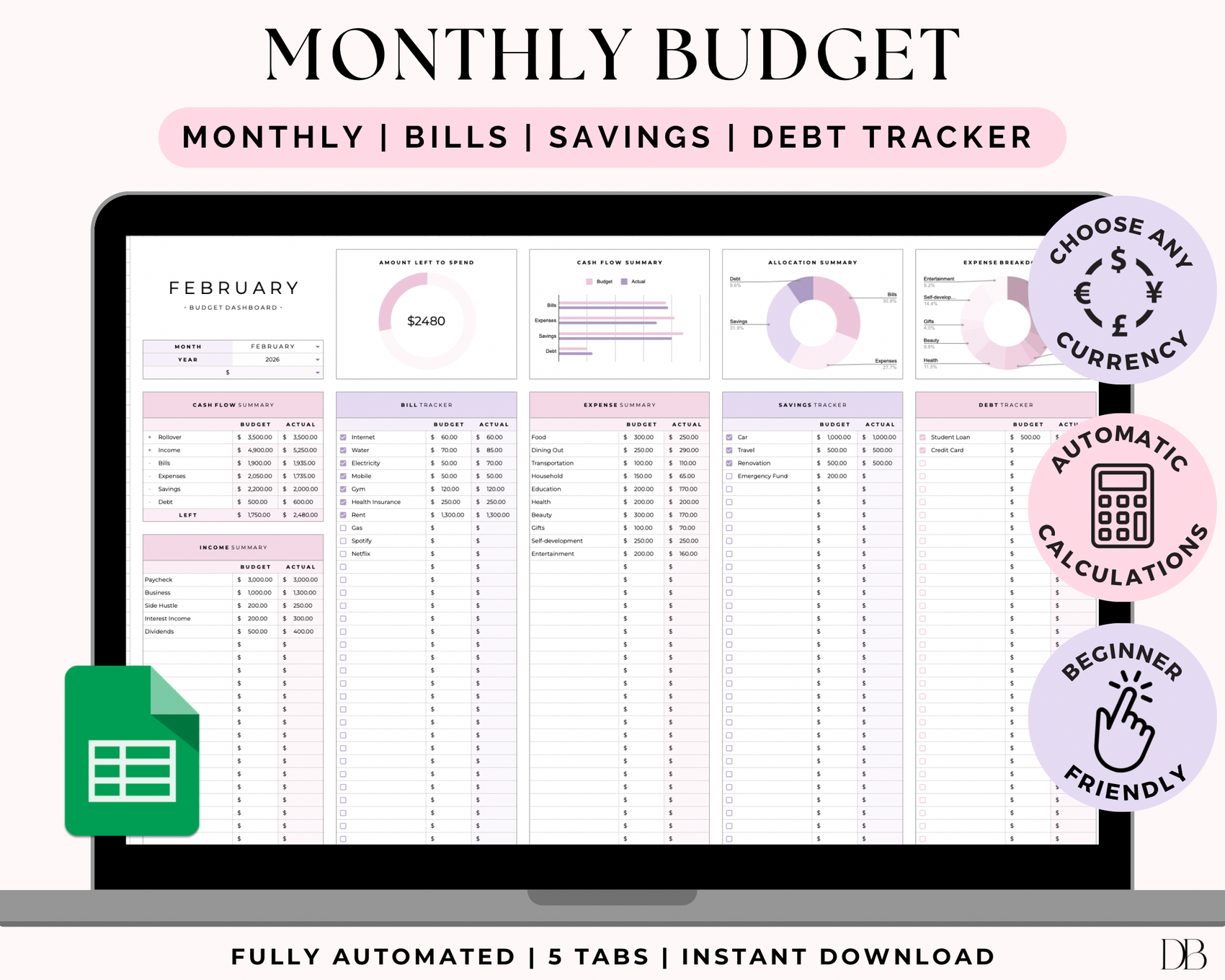 Monthly Budget Spreadsheet for Google Sheets (Pink & Purple)